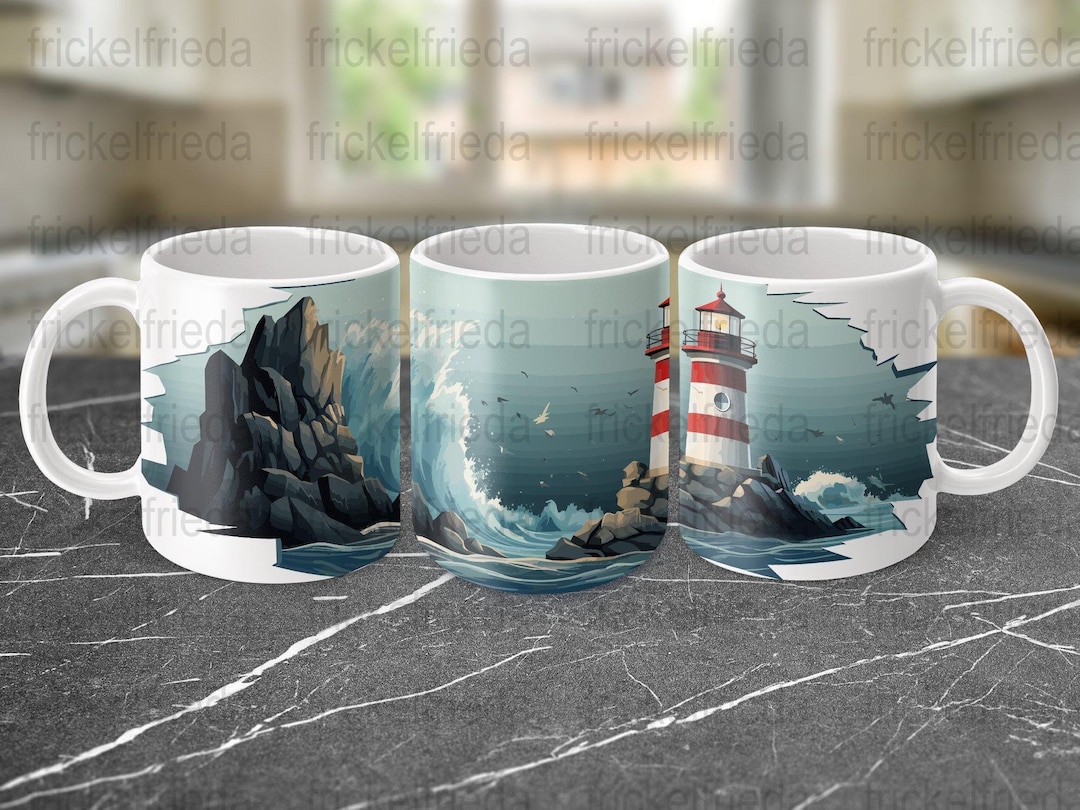 Wave Lighthouse Mugs Sublimation Design Pattern for 11oz and 15oz Png ...
