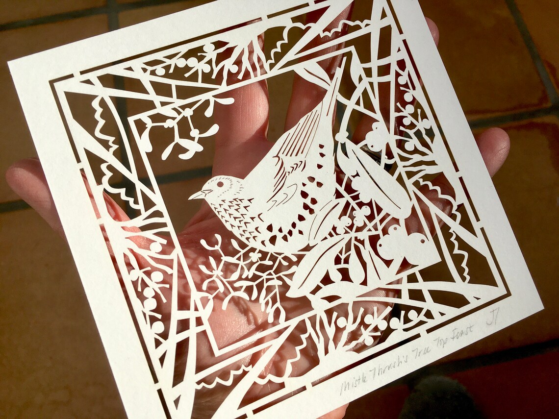 Paper Laser Cut Bird Design 'mistle Thrush's Tree Top Feast' 12x12cm by ...