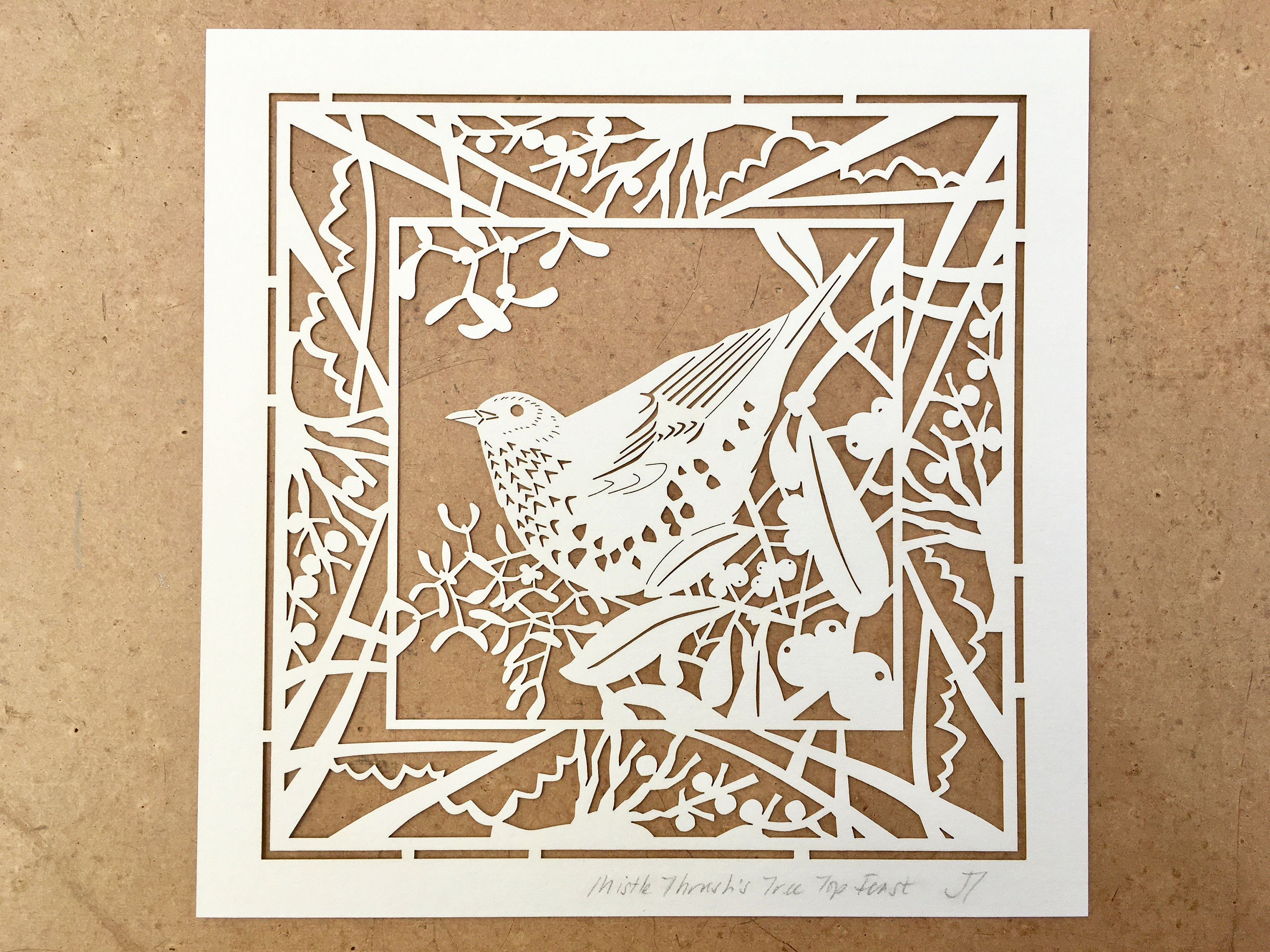 Paper Laser Cut Bird Design 'mistle Thrush's Tree Top Feast' 12x12cm by ...