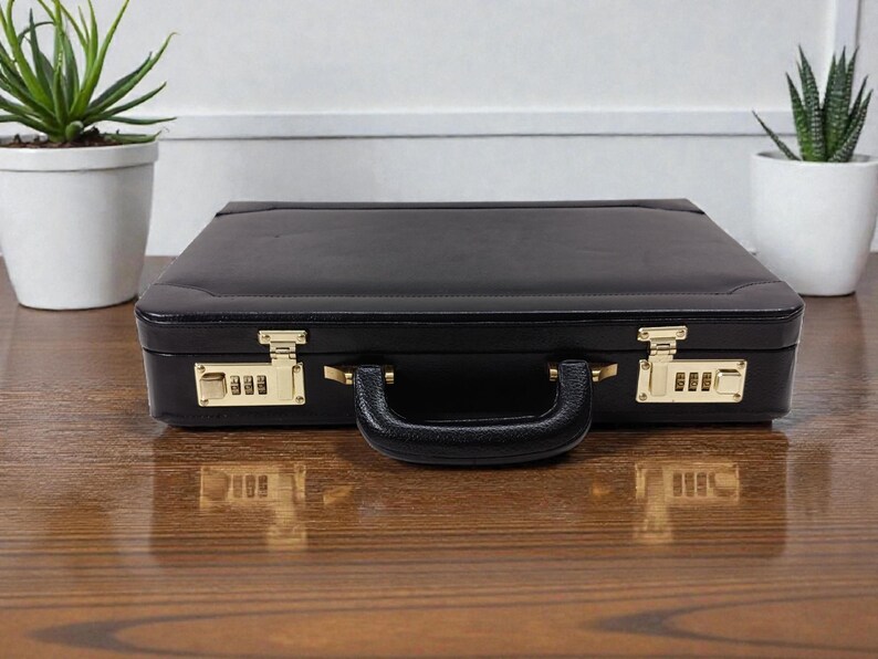 Black Leather Attache Briefcase With Combination Lock, Custom Engraving ...
