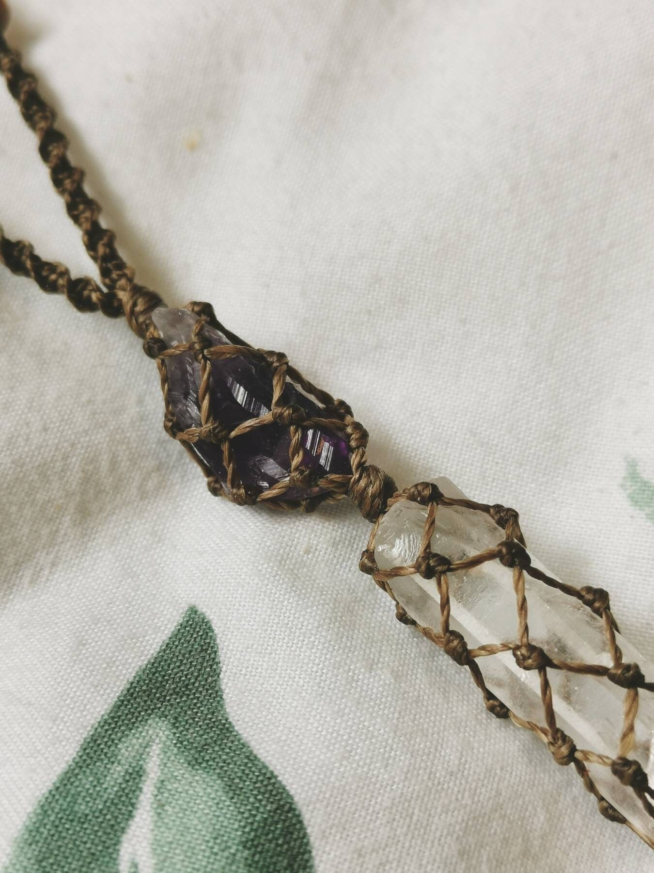 Handmade macrame crystal necklace natural raw amethyst point | Etsy