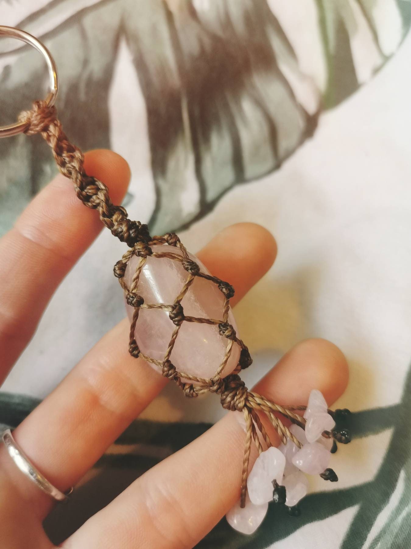 Handmade macrame crystal keyring keychain rose quartz tumble | Etsy