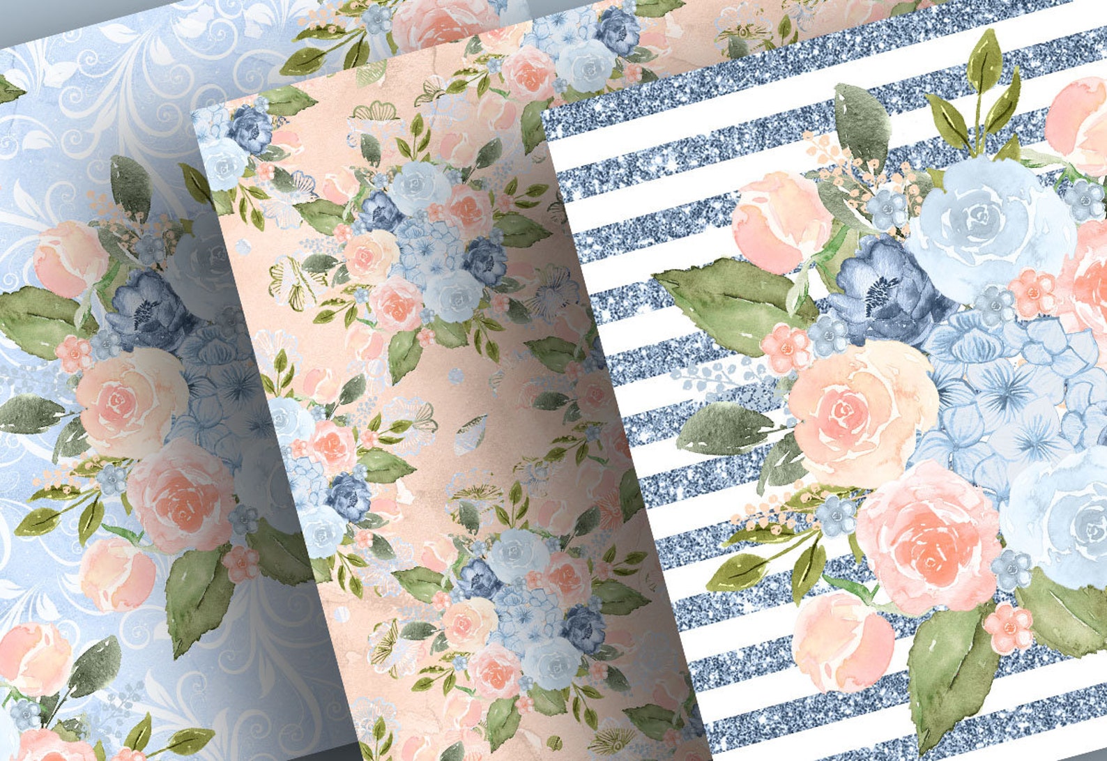 Watercolor Blue Peach Digital Paper Pack Garden Flower - Etsy