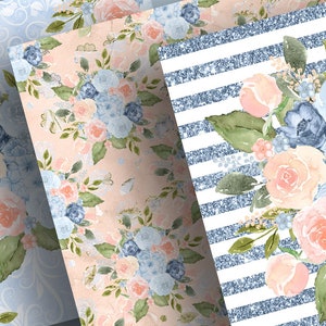 Watercolor Blue Peach Digital Paper Pack, Garden, Flower Pattern, Hand ...