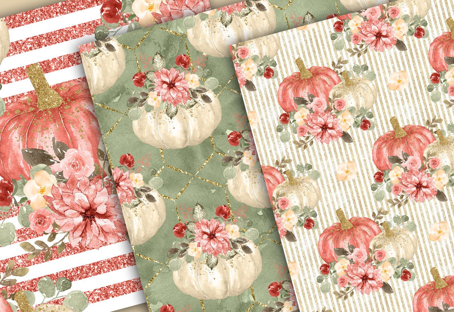 Floral Pumpkin Digital Paper Pack Thanksgiving Stickers - Etsy