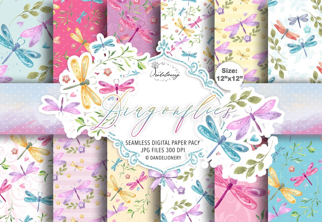 Dragonflies Digital Paper Pack, Spring Pattern, Flower Digital Paper ...