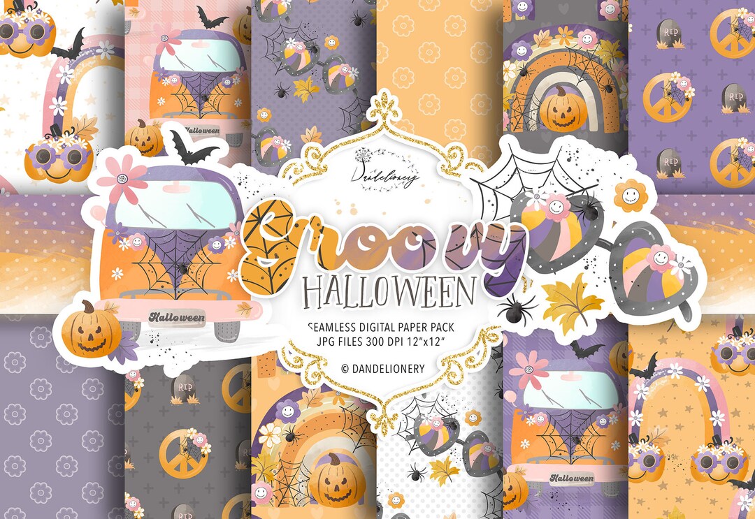 Groovy Halloween Digital Paper Pack, Retro Halloween, Rainbow, Rainbow ...