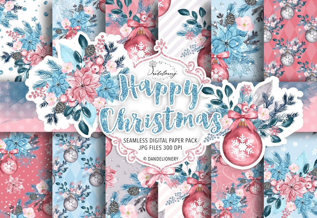 Happy Christmas Winter Blue Digital Paper Pack, Christmas, Branches ...