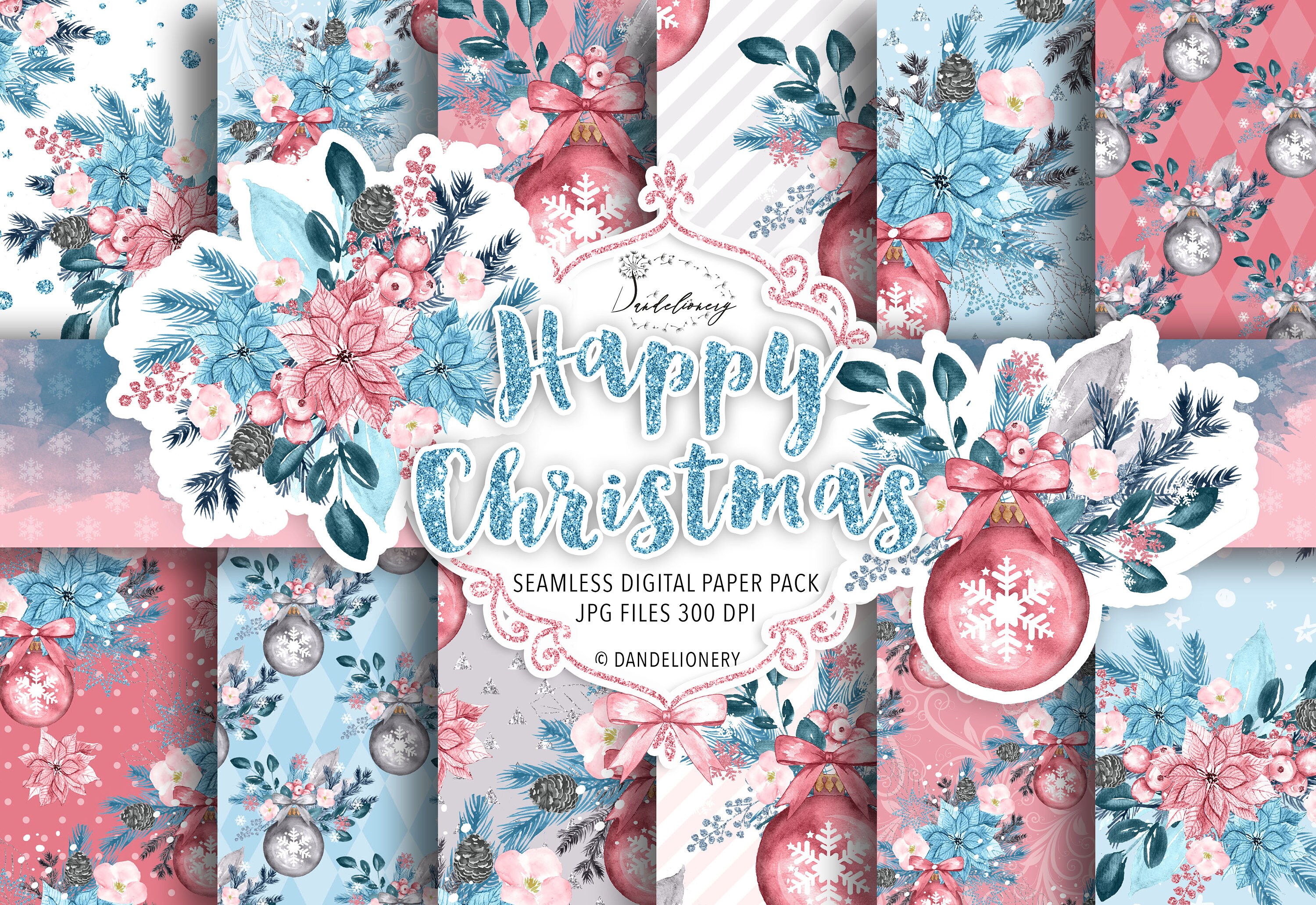 Happy Christmas Winter Blue Digital Paper Pack Christmas - Etsy