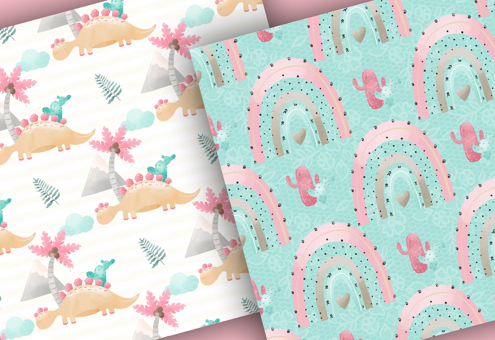 Watercolor Baby Dino Digital Paper Pack Rainbow Baby Girl - Etsy
