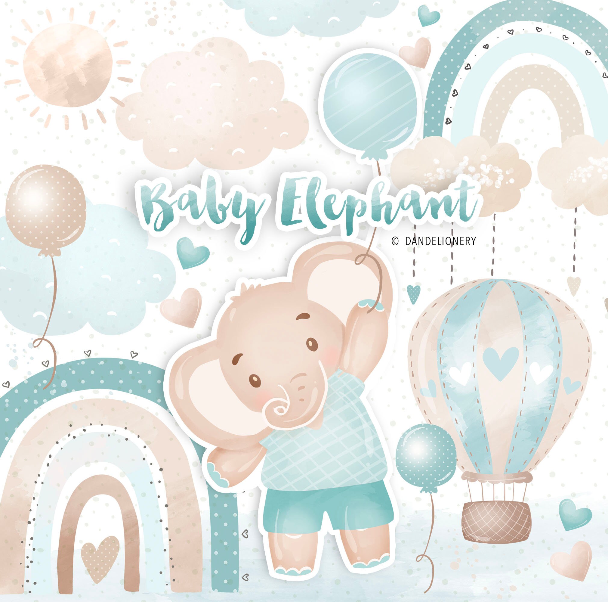 Watercolor Baby Boy Elephant Design Rainbows Clipart Baby - Etsy