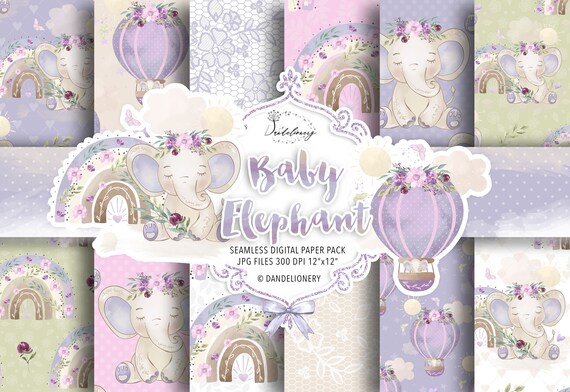 Watercolor Baby Elephant Purple Digital Paper Pack Rainbows | Etsy