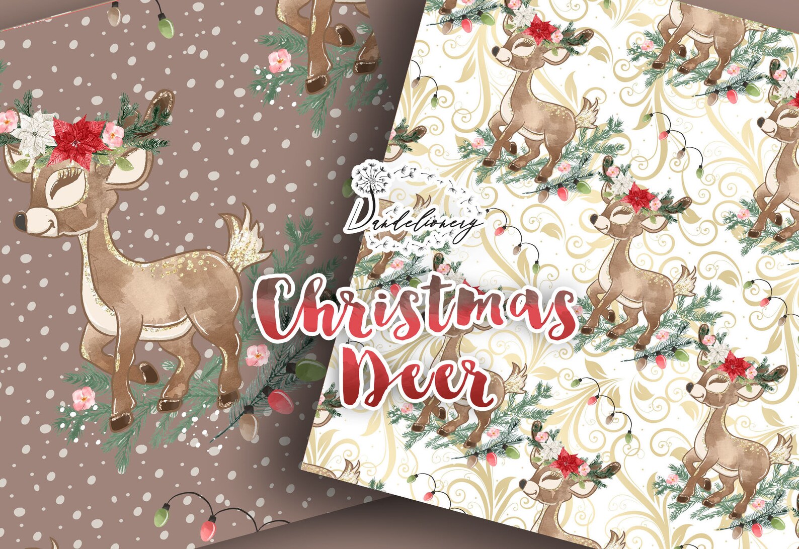 Cute Deer Winter Digital Paper Pack Christmas Bouquet | Etsy