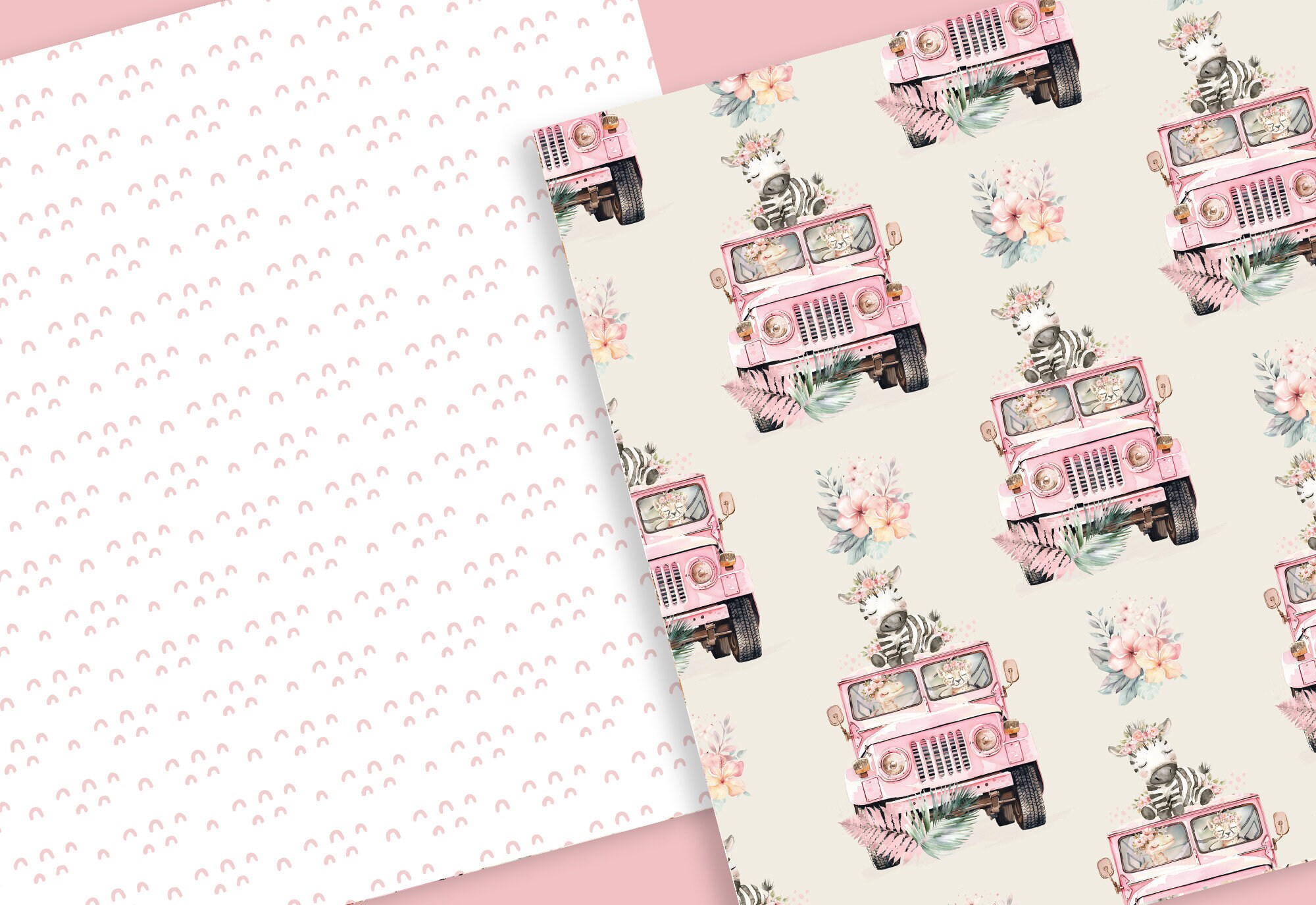 Pink Safari Animals Digital Paper Pack, Watercolor Safari Nursery ...