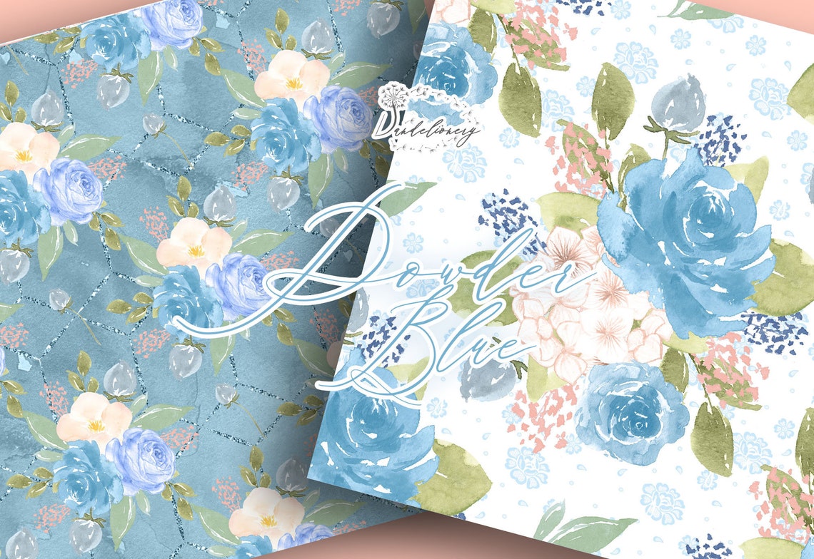 Watercolor Powder Blue Digital Paper Pack Garden Flower Clip | Etsy