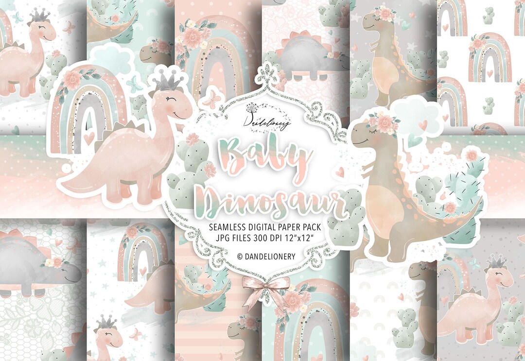 Watercolor Baby Dino Digital Paper Pack, Rainbow, Baby Boy Pattern ...