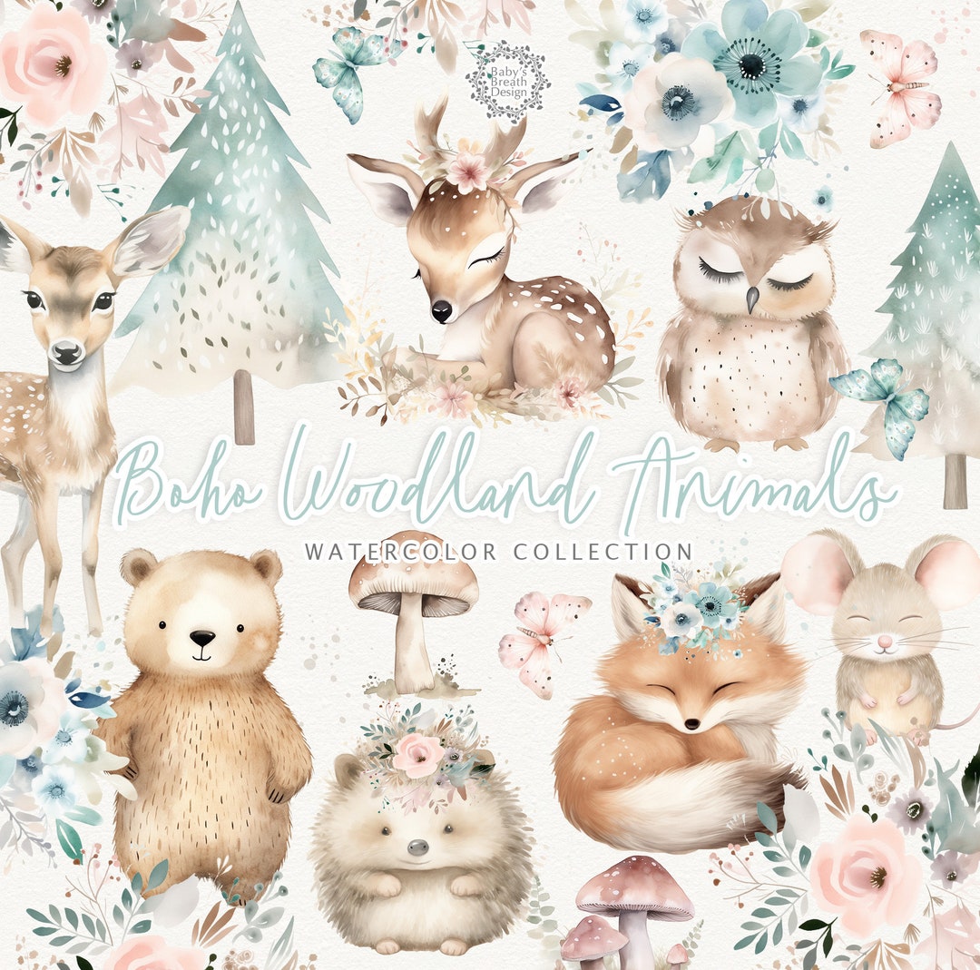 Boho Woodland Clipart, Cute Woodland Animals Clipart, Baby Animals ...