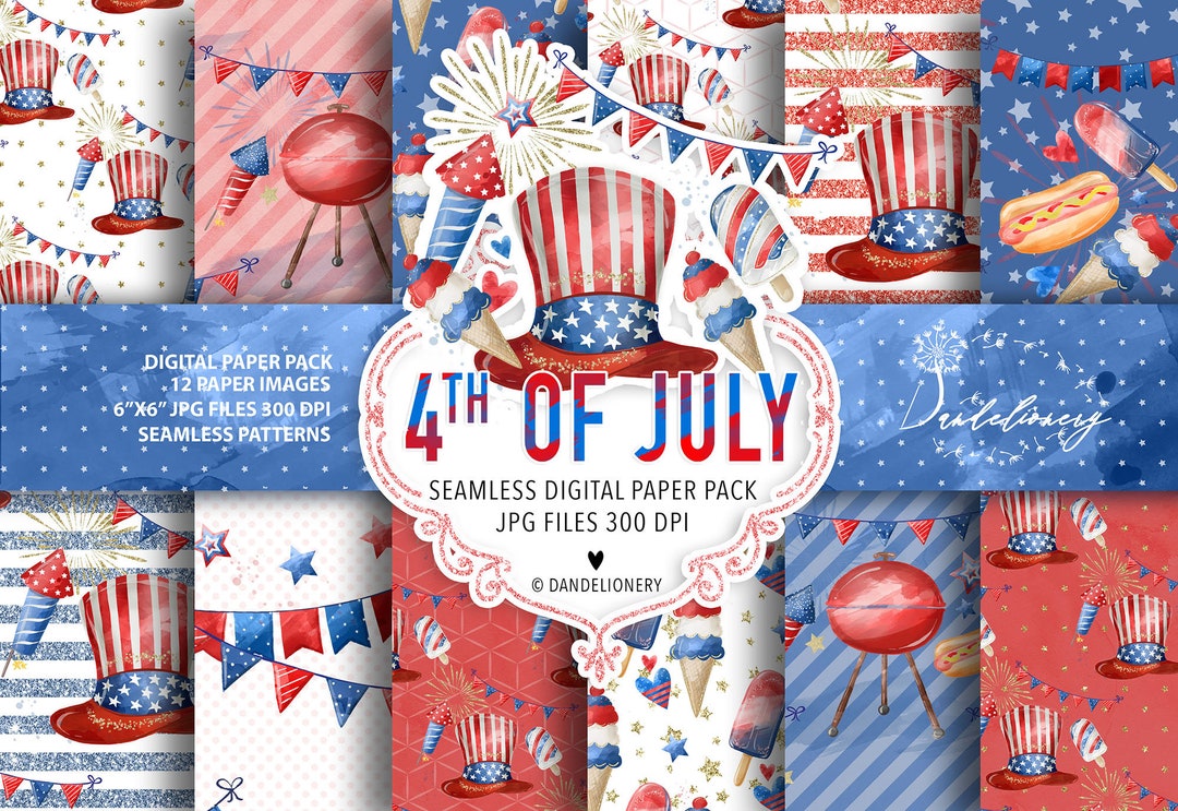 Watercolor 4th of July Digital Paper Pack, Cute July Fourth Pattern ...