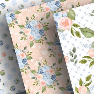 Watercolor Blue Peach Digital Paper Pack, Garden, Flower Pattern, Hand ...
