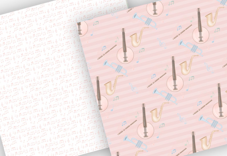 Watercolor Instruments Pastel Color Digital Paper Pack, Guitar, Trumpet ...