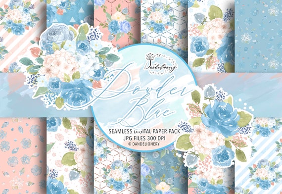 Watercolor Powder Blue Digital Paper Pack Garden Flower Clip | Etsy