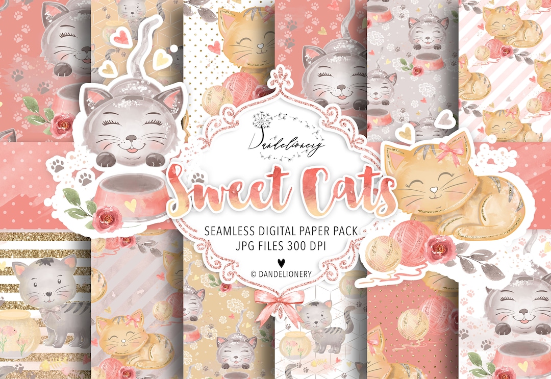 Watercolor Sweet Cats Digital Paper Pack, Cat Pattern Download, Instant ...