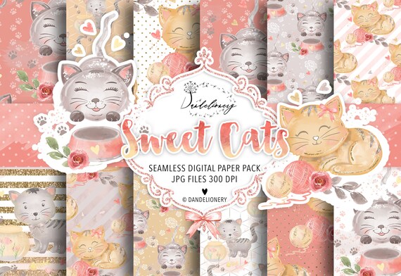 Watercolor Sweet Cats Digital Paper Pack Cat Pattern - Etsy