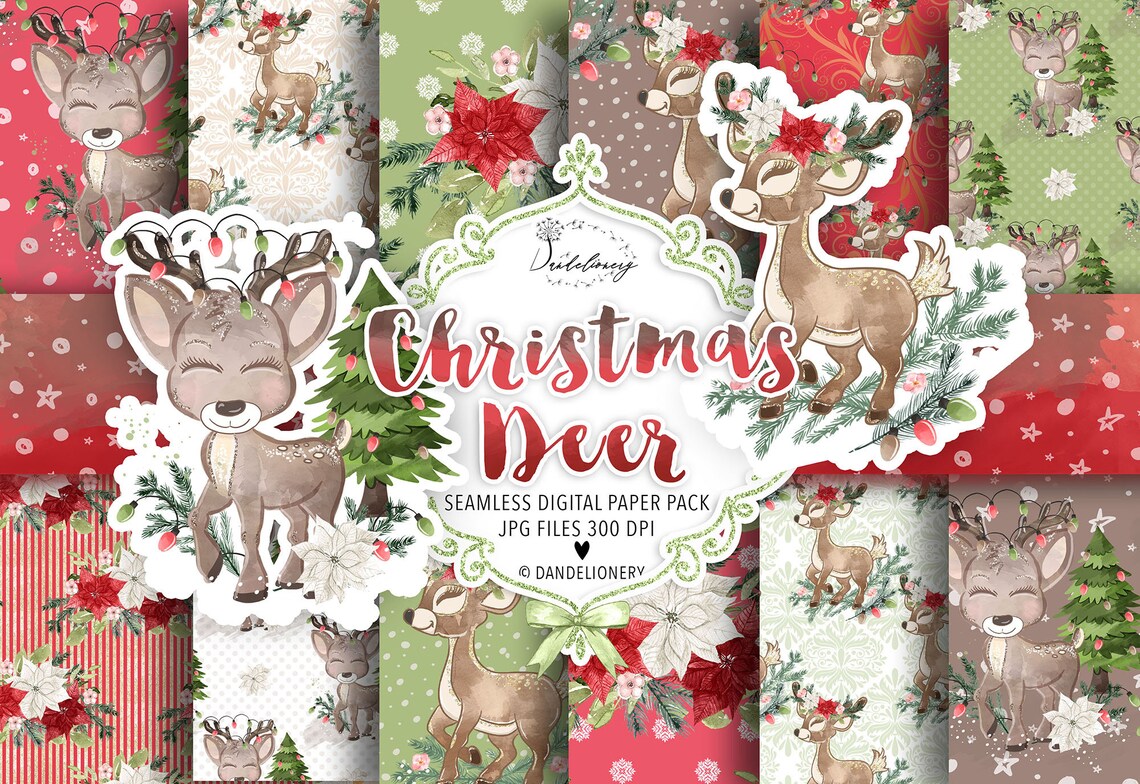 Cute Deer Winter Digital Paper Pack Christmas Bouquet | Etsy