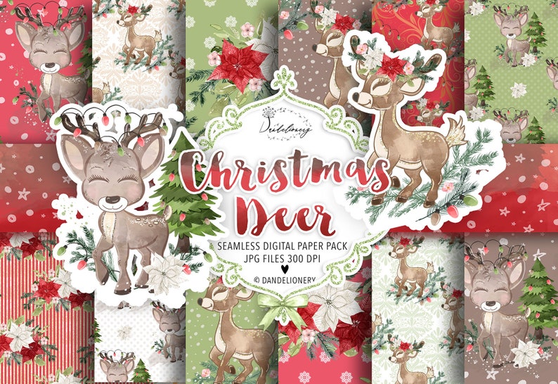Cute Deer Winter Digital Paper Pack Christmas Bouquet - Etsy