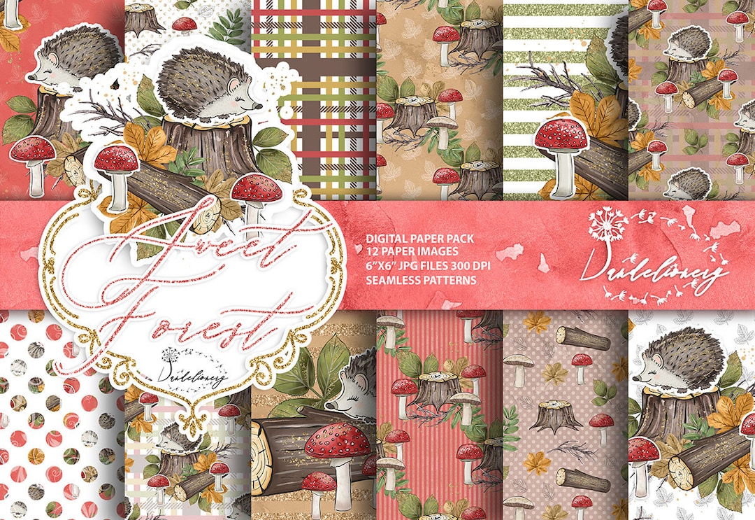 Sweet Forest Digital Paper Pack, Hedgehog, Mushroom, Autumn, Fall ...