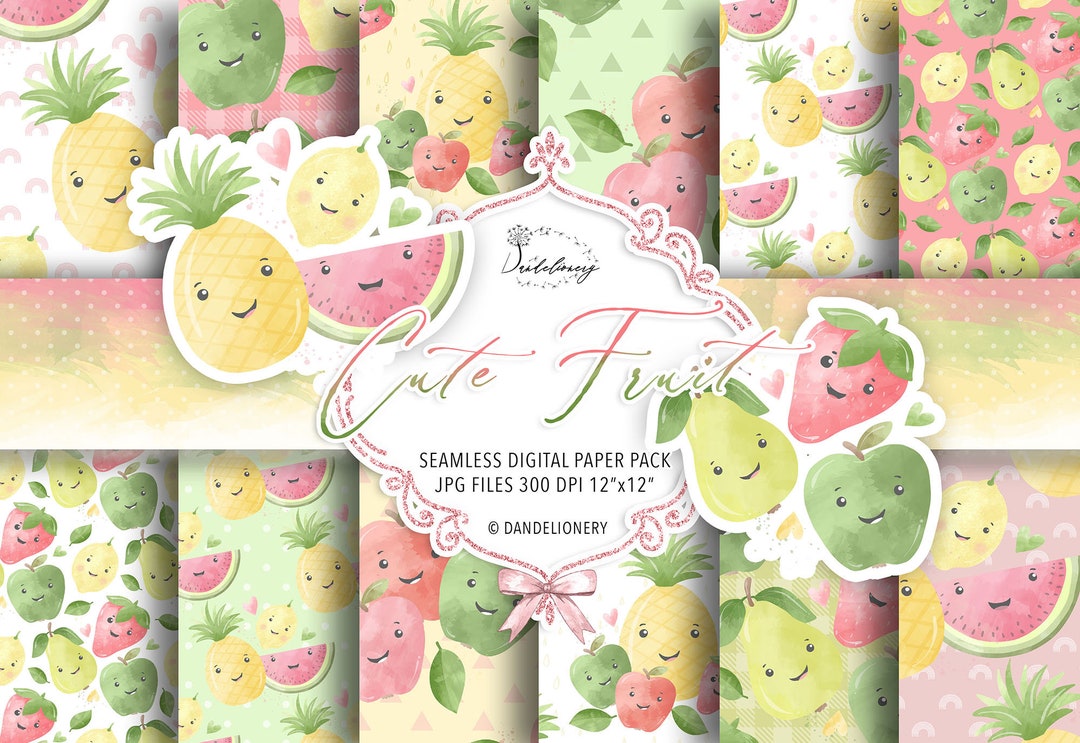 Watercolor Cute Fruit Digital Paper Pack, Fruit Pattern, Pear ...