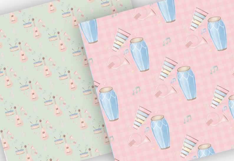 Watercolor Instruments Pastel Color Digital Paper Pack, Guitar, Trumpet ...