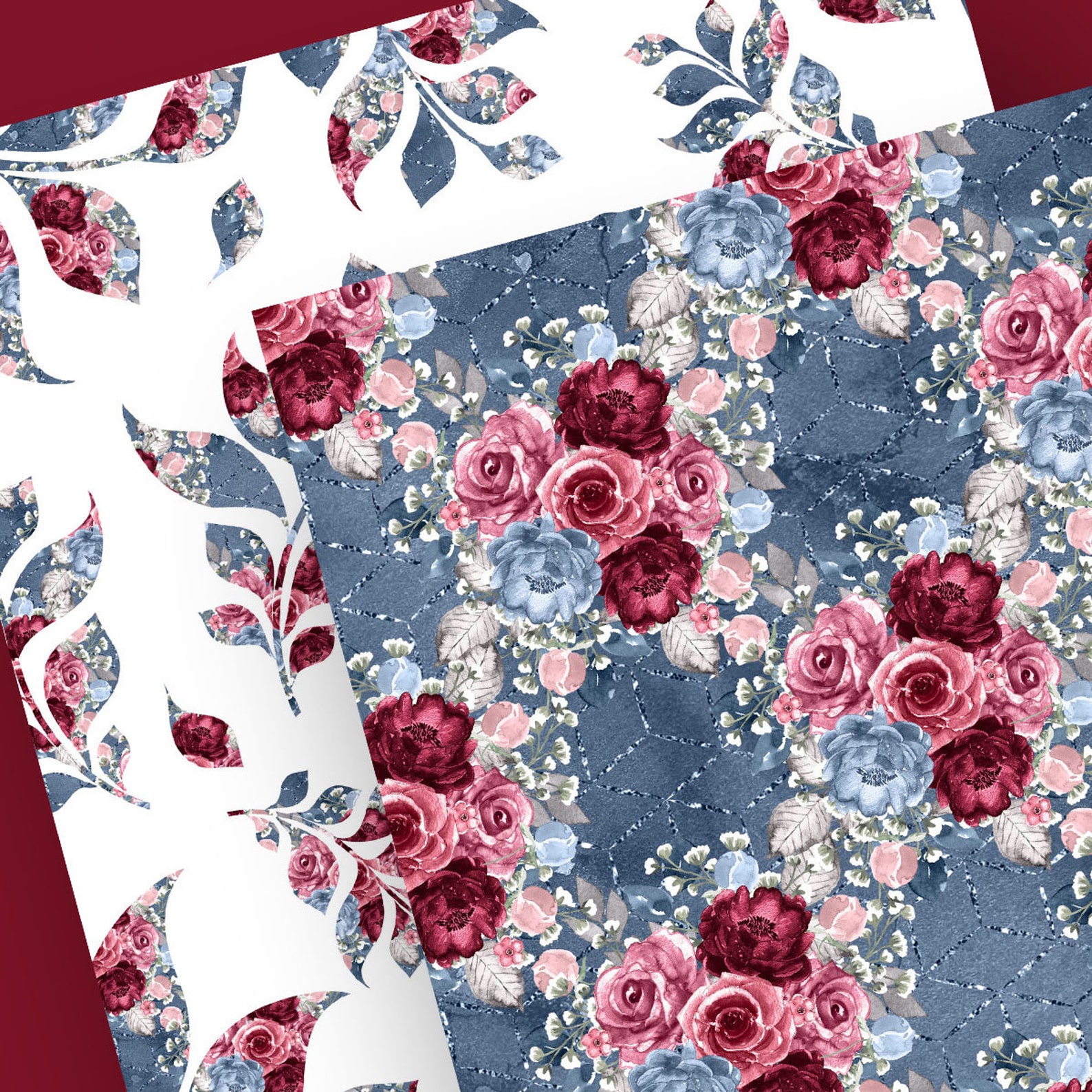 Watercolor Dusty Blue and Burgundy Digital Paper Garden - Etsy
