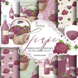 Watercolor Grape Digital Paper Pack, Fruit Pattern, Wine, Wine Bottle ...