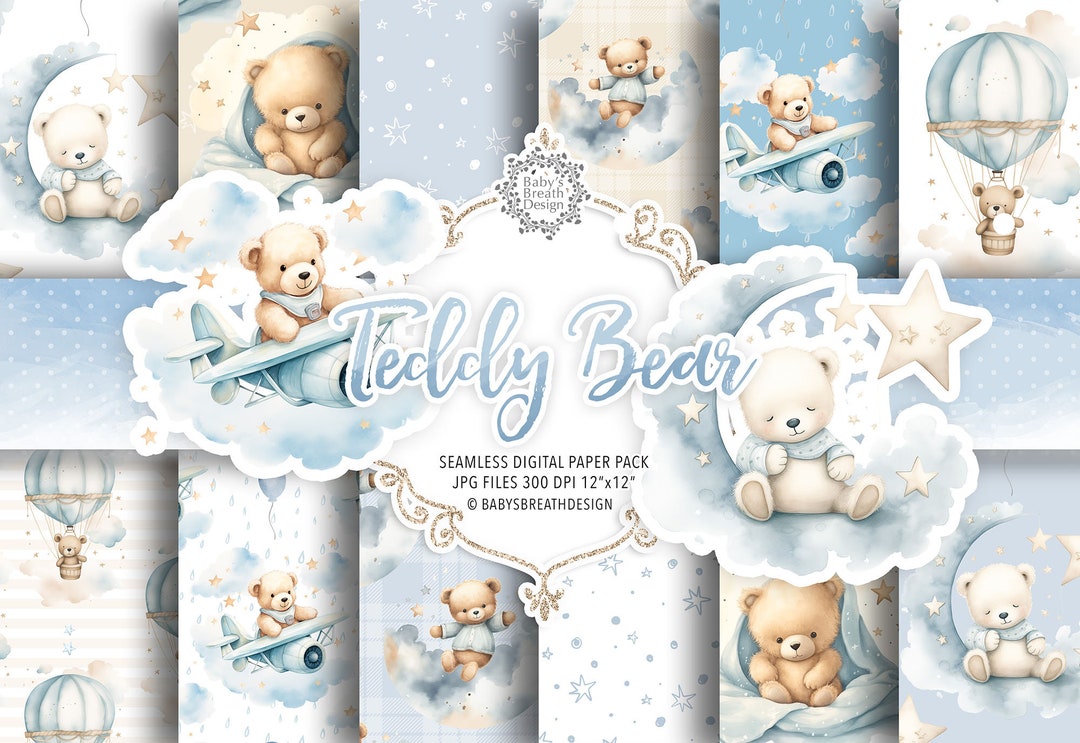 Blue Teddy Bear Digital Paper Pack, Sleepy Teddy Bears, Baby Bear, Cute ...