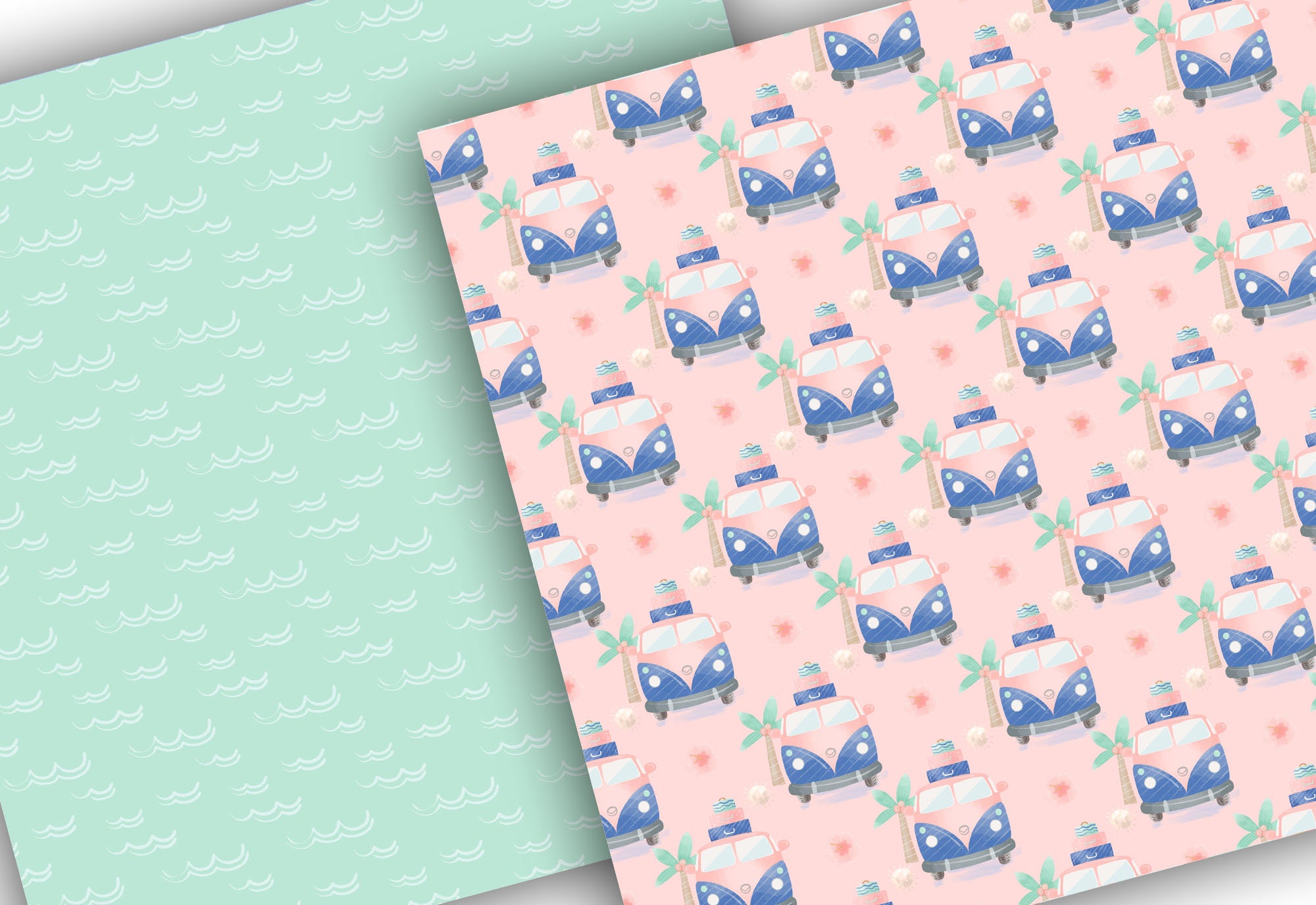 Watercolor Vacation Beach Digital Paper Pack Surf Retro Car - Etsy