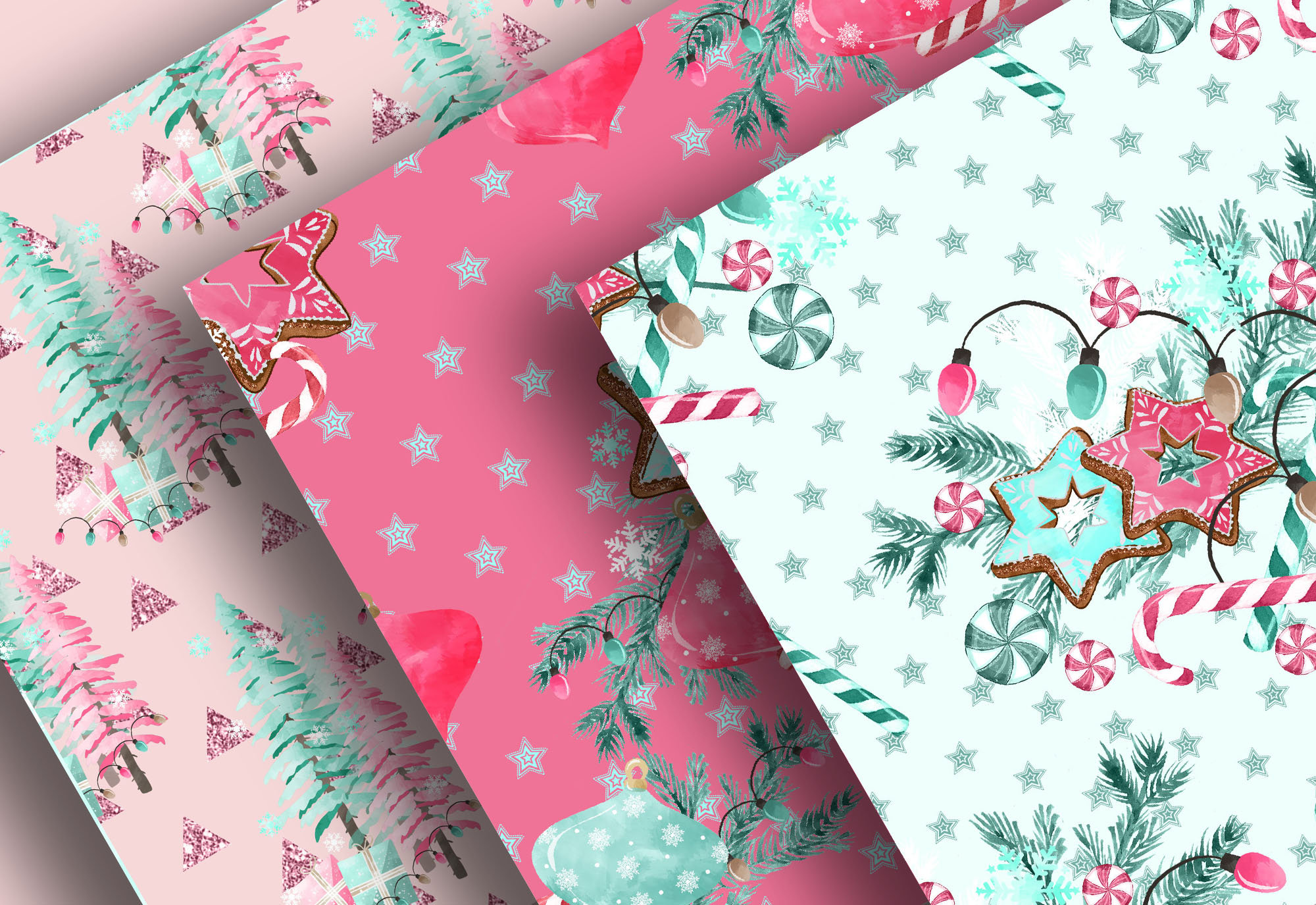 Peppermint Christmas Digital Paper Pack Cute Poinsettia - Etsy