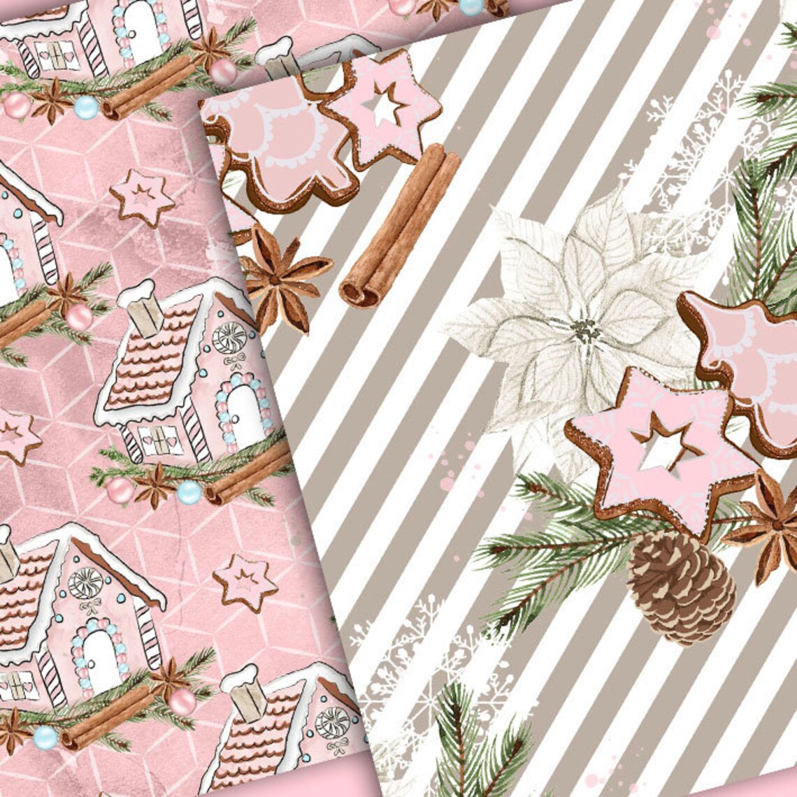 Gingerbread House Digital Paper Pack, Cinnamon, Poinsettia, Christmas ...