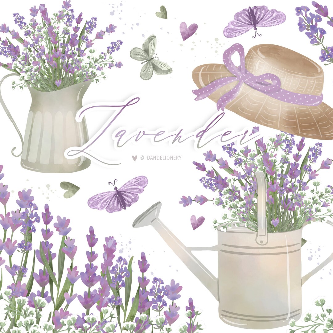 Watercolor Lavender Garden Flower Clip Art Hand Drawn Flowers, Purple ...