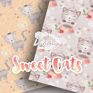 Watercolor Sweet Cats Digital Paper Pack, Cat Pattern Download, Instant ...