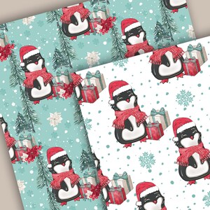 Penguin Winter Digital Paper Pack, Christmas Tree, Poinsettia ...