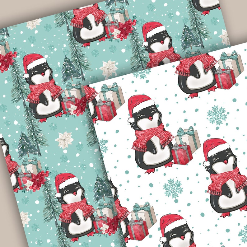 Penguin Winter Digital Paper Pack Christmas Tree Poinsettia - Etsy
