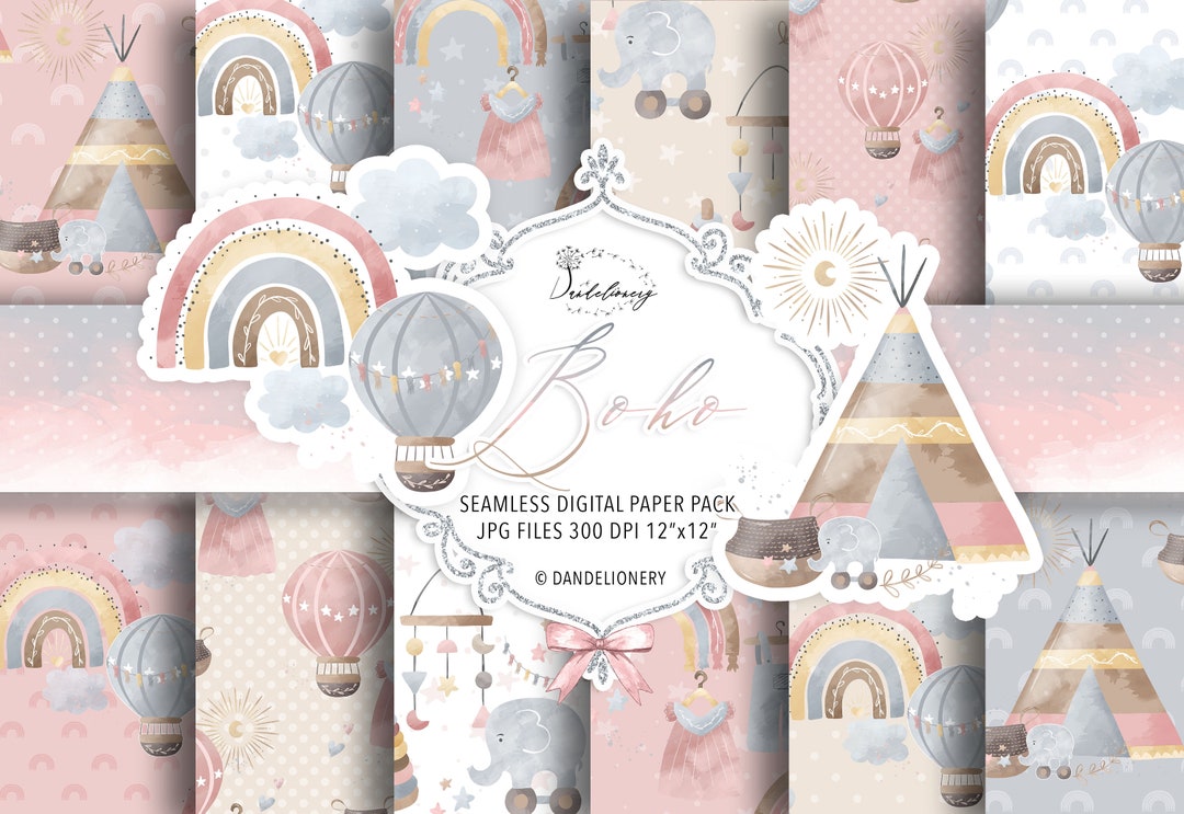 Watercolor Boho Rainbow Digital Paper Pack, Rainbows Pattern, Baby ...