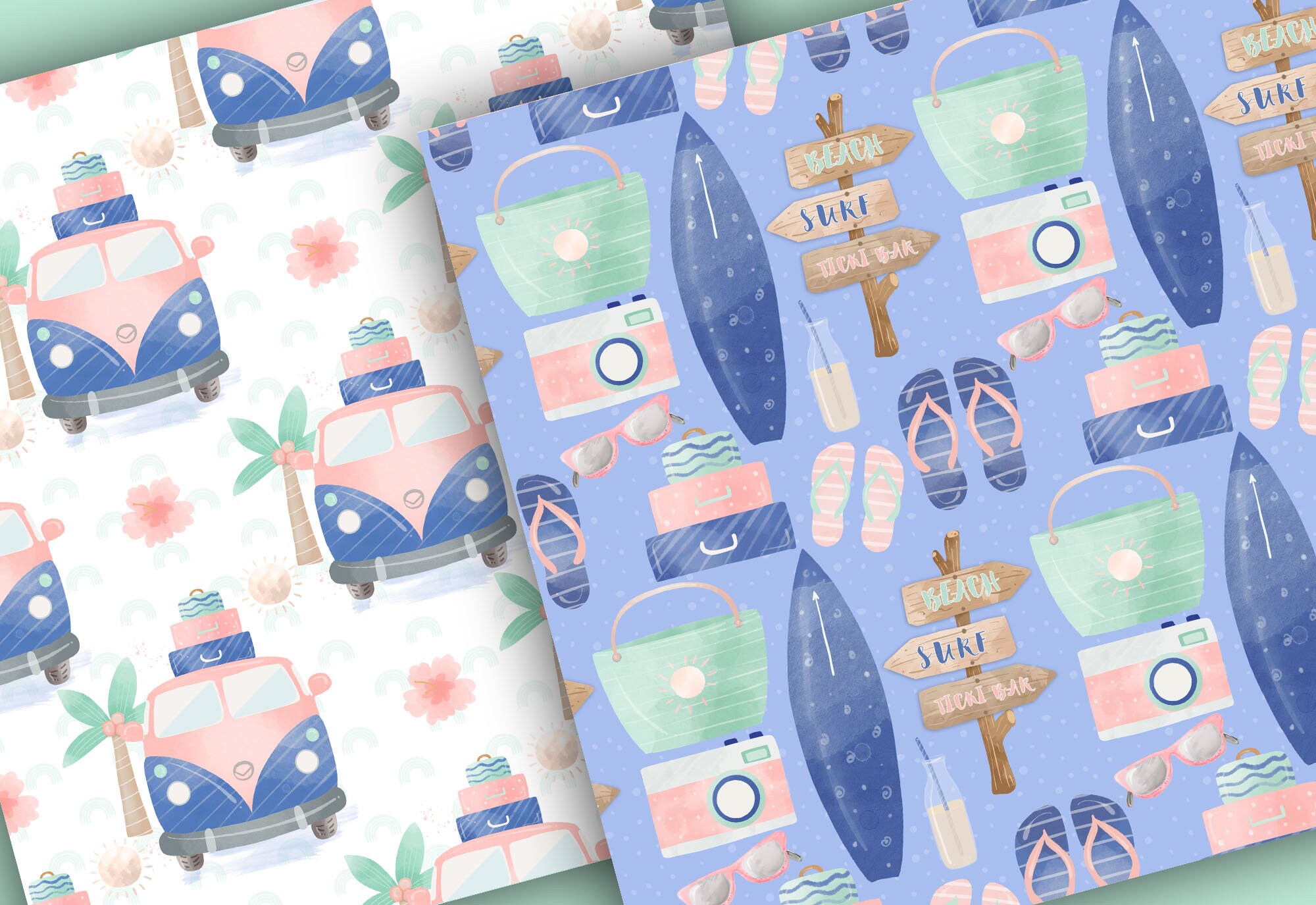Watercolor Vacation Beach Digital Paper Pack Surf Retro Car - Etsy