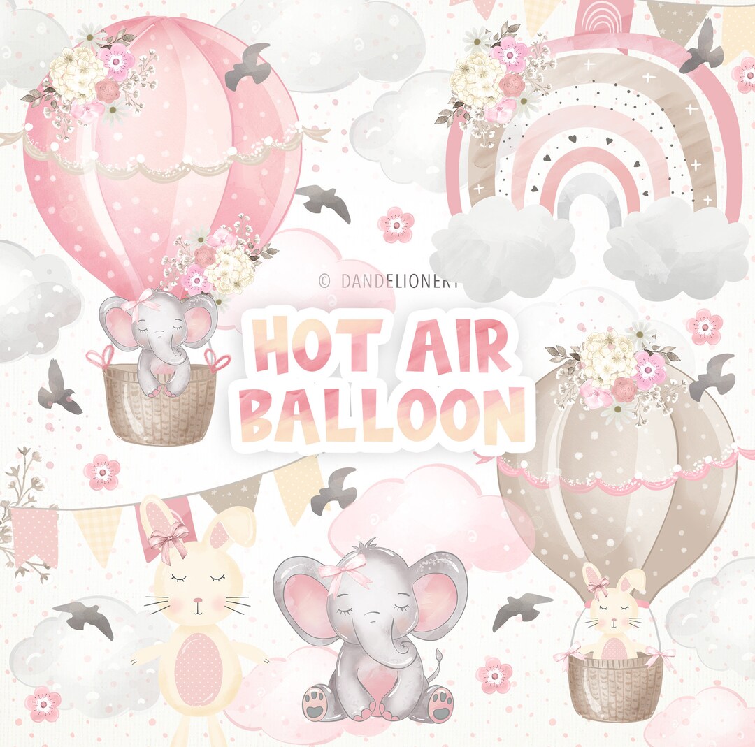 Watercolor Hot Air Balloon Design, Rainbows Clipart, Instant Download ...