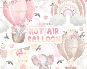 Watercolor Hot Air Balloon Design, Rainbows Clipart, Instant Download ...