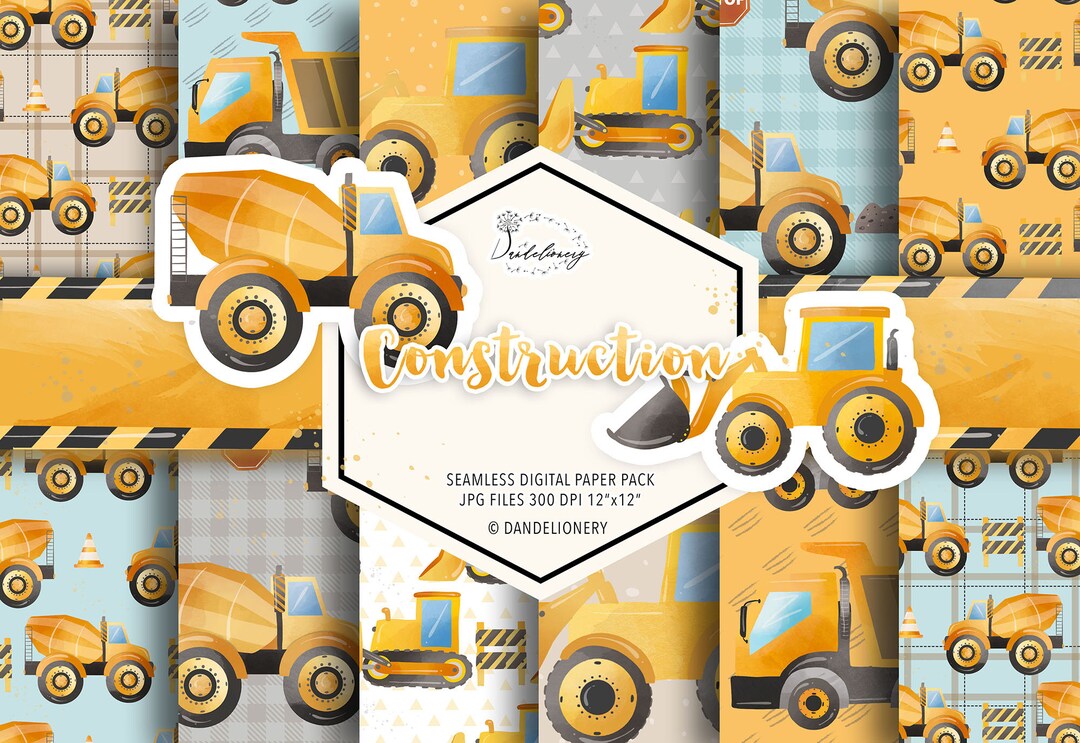Watercolor Construction Digital Paper Pack, Boy Pattern, Nursery ...