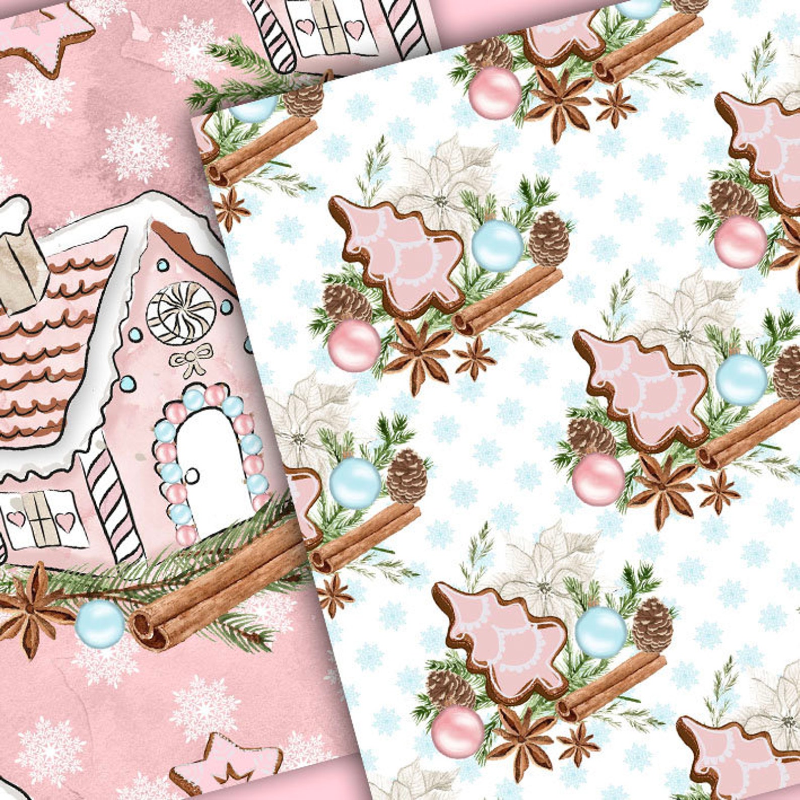 Gingerbread House Digital Paper Pack, Cinnamon, Poinsettia, Christmas ...