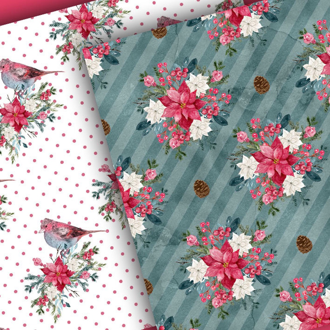 Joyful Winter Digital Paper Pack Christmas Tree Poinsettia - Etsy