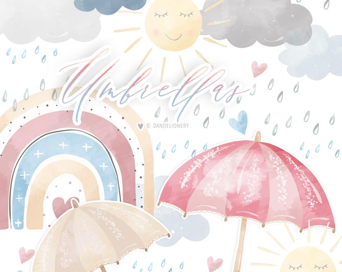 Rainbow Clipart Clip Art, Rain Cloud Raindrops Sun Sky Stars Hearts ...